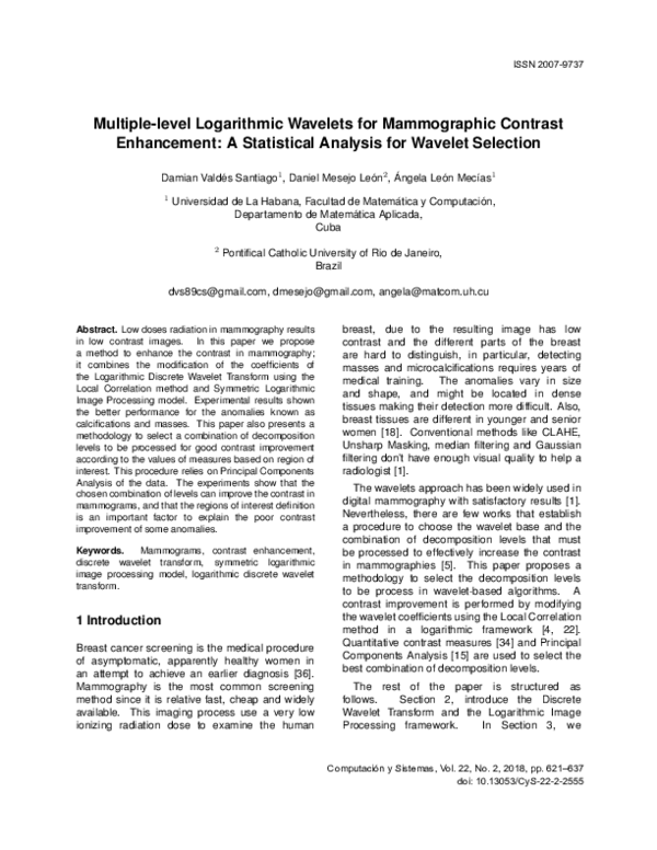 (PDF) Multiple-level Logarithmic Wavelets for Mammographic Contrast Enhancement: A Statistical ...
