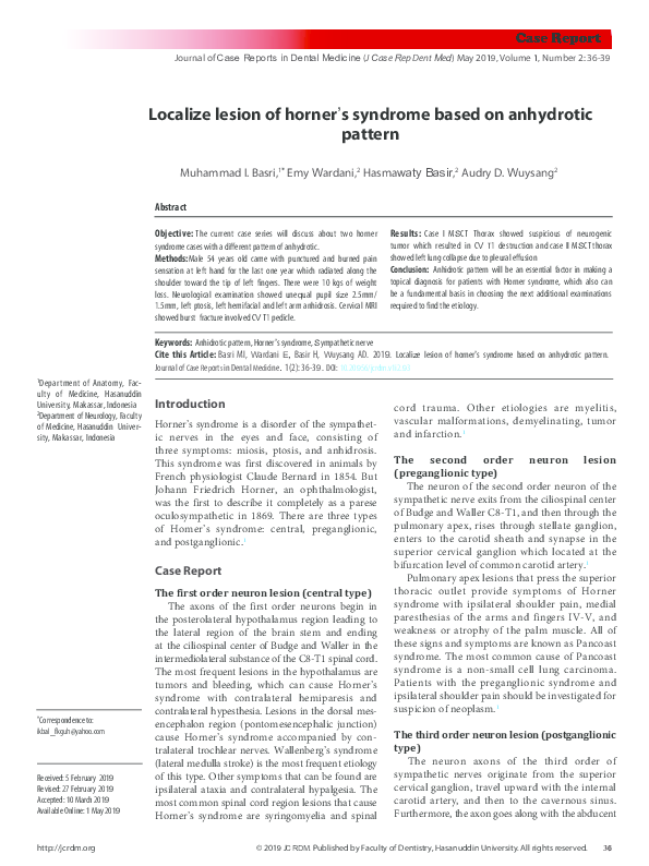 (PDF) Localize lesion of horner's syndrome based on anhydrotic pattern
