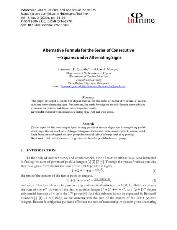 (PDF) Alternative Formula for the Series of Consecutive m-Squares under ...