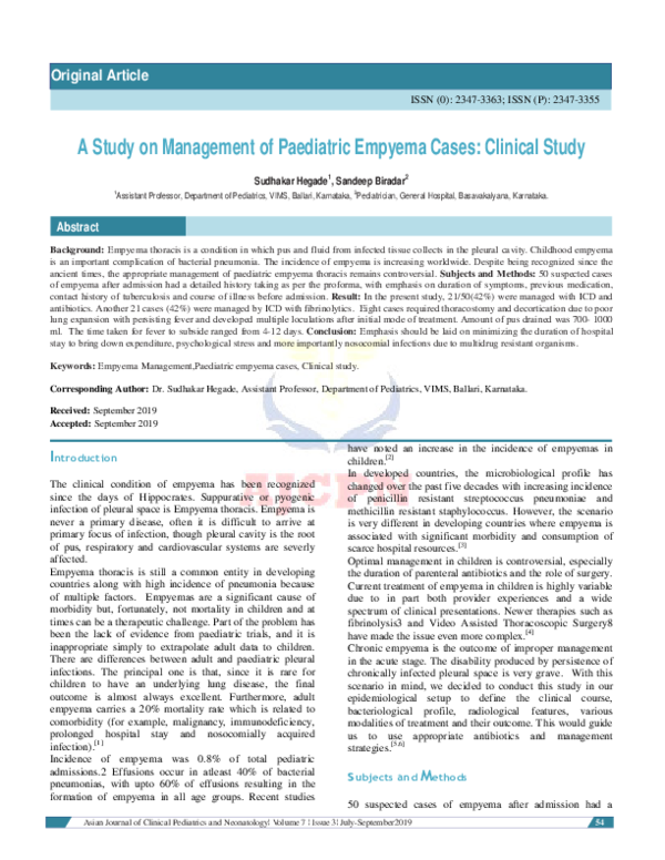 (PDF) A Study on Management of Paediatric Empyema Cases: Clinical Study