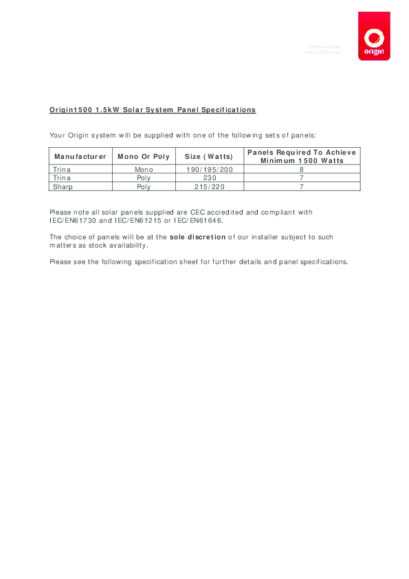 (PDF) Origin1500 1.5kW Solar System Panel Specifications