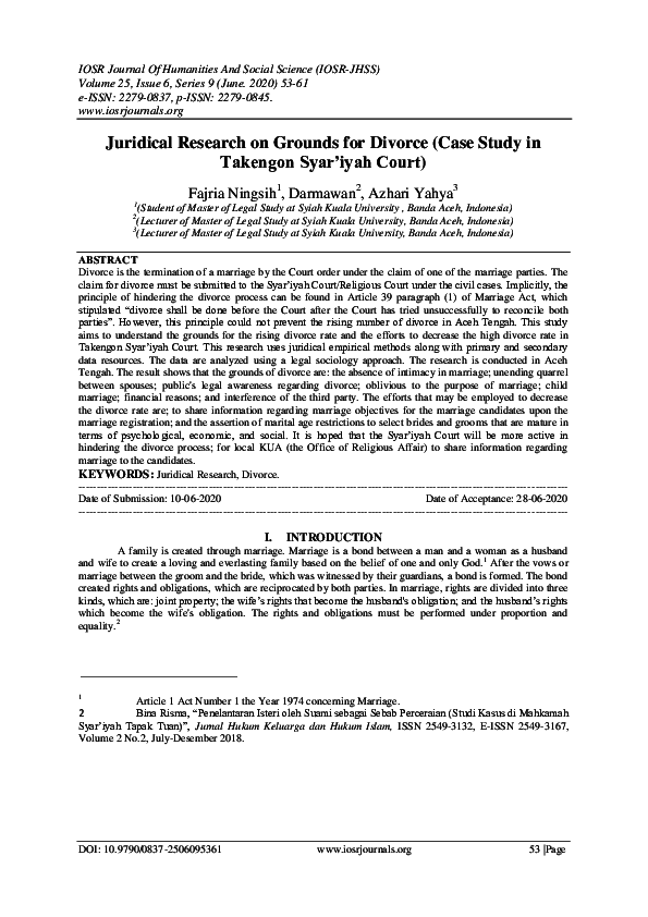 (PDF) Juridical Research on Grounds for Divorce (Case Study in Takengon ...