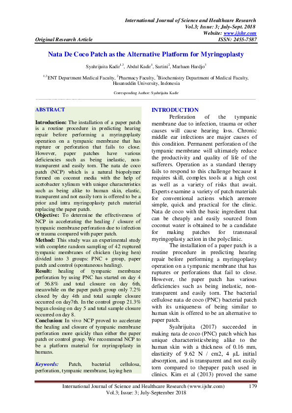 (PDF) Nata De Coco Patch as the Alternative Platform for Myringoplasty