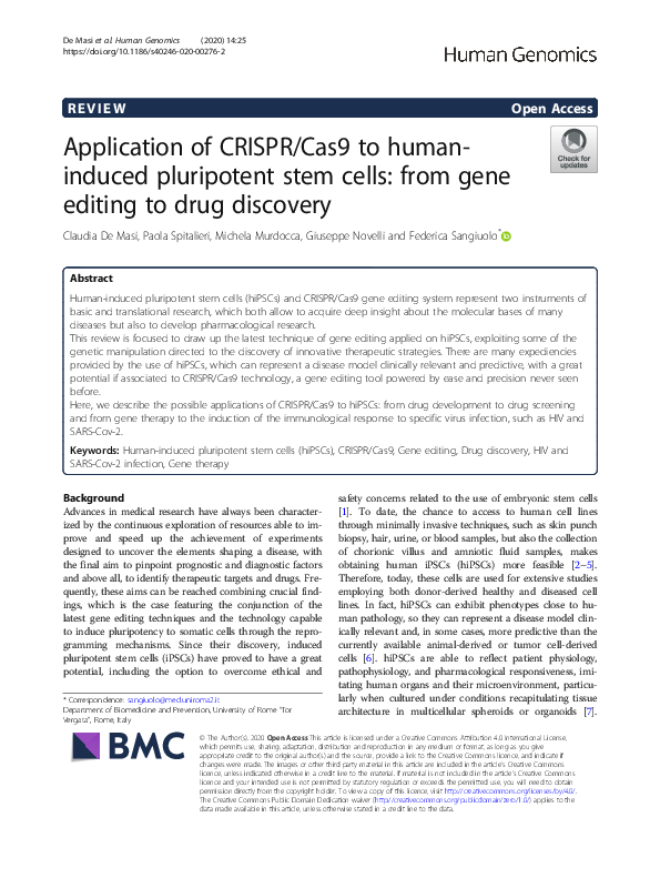 (PDF) Application of CRISPR/Cas9 to human- induced pluripotent stem cells: from gene editing to ...