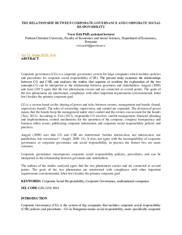 (DOC) THE RELATIONSHIP BETWEEN CORPORATE GOVERNANCE AND CORPORATE SOCIAL RESPONSIBILITY