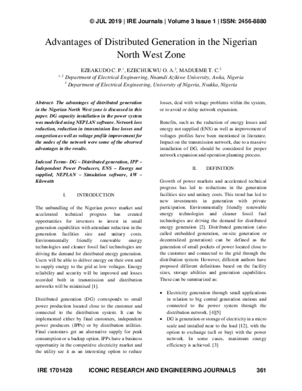 Pdf Advantages Of Distributed Generation In The Nigerian North West Zone