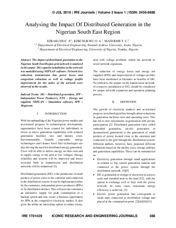 Pdf Analysing The Impact Of Distributed Generation In The Nigerian South East Region