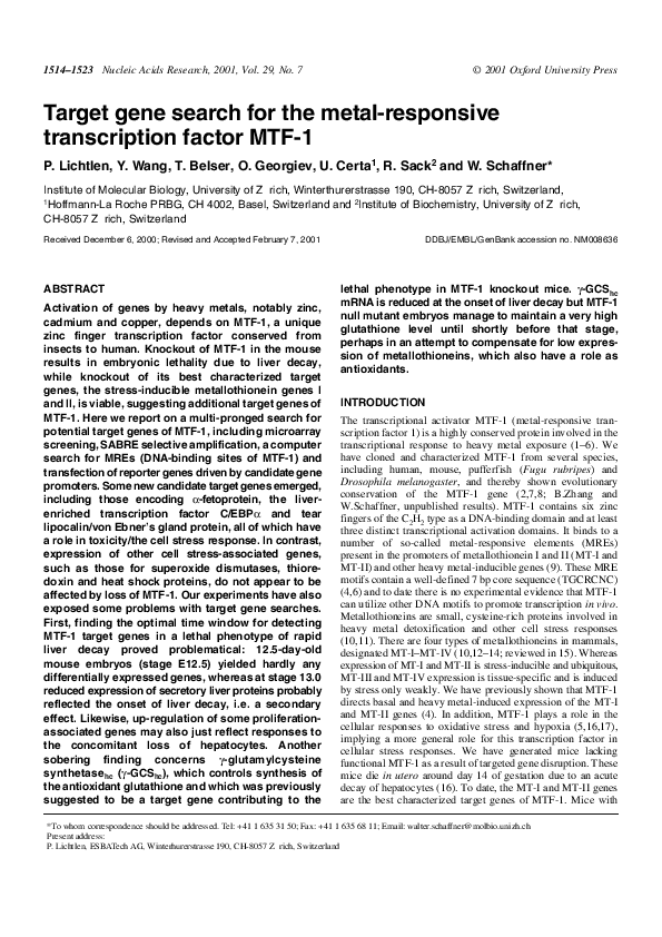 (PDF) Target gene search for the metal-responsive transcription factor ...