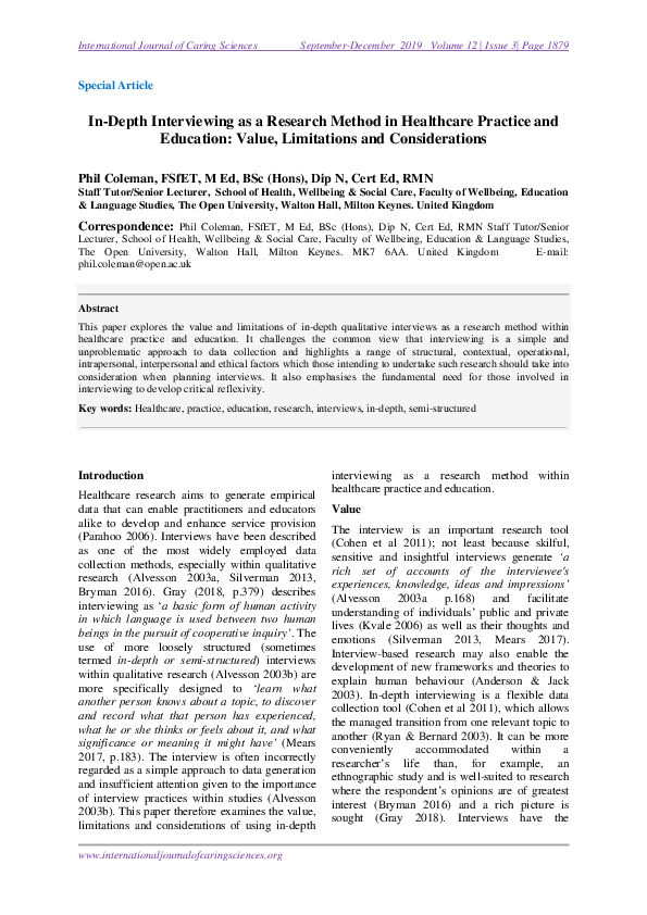 (PDF) In-Depth Interviewing as a Research Method in Healthcare Practice ...