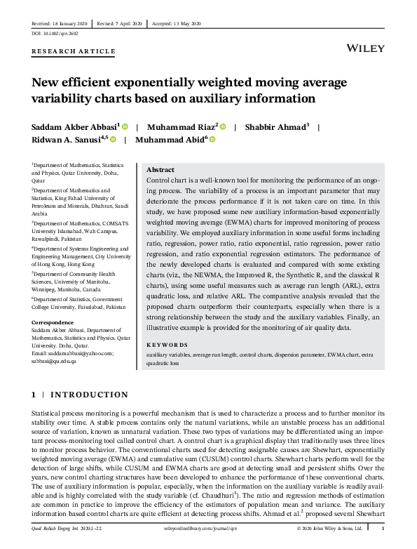 Pdf New Efficient Exponentially Weighted Moving Average Variability Charts Based On Auxiliary