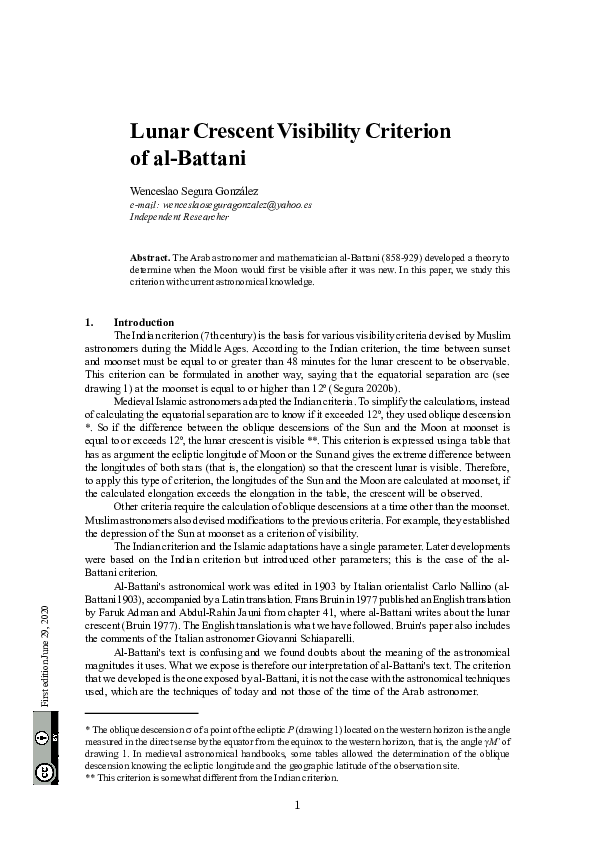 (PDF) Lunar Crescent Visibility Criterion of al-Battani