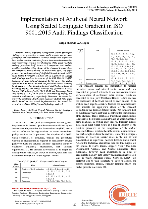 Pdf Implementation Of Artificial Neural Network Using Scaled Conjugate Gradient In Iso 9001