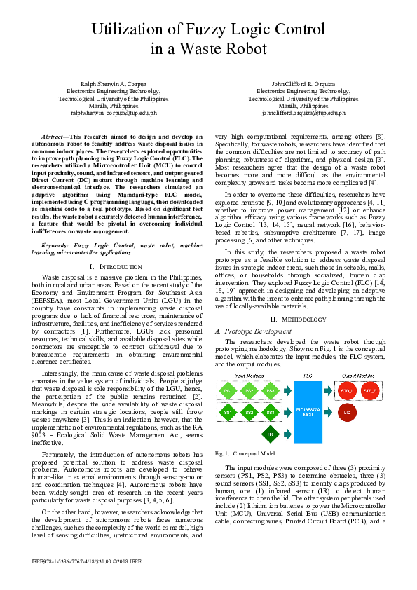 (PDF) Utilization of Fuzzy Logic Control in a Waste Robot