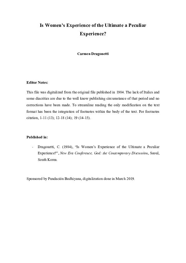 (PDF) Is Women's Experience of the Ultimate a Peculiar Experience