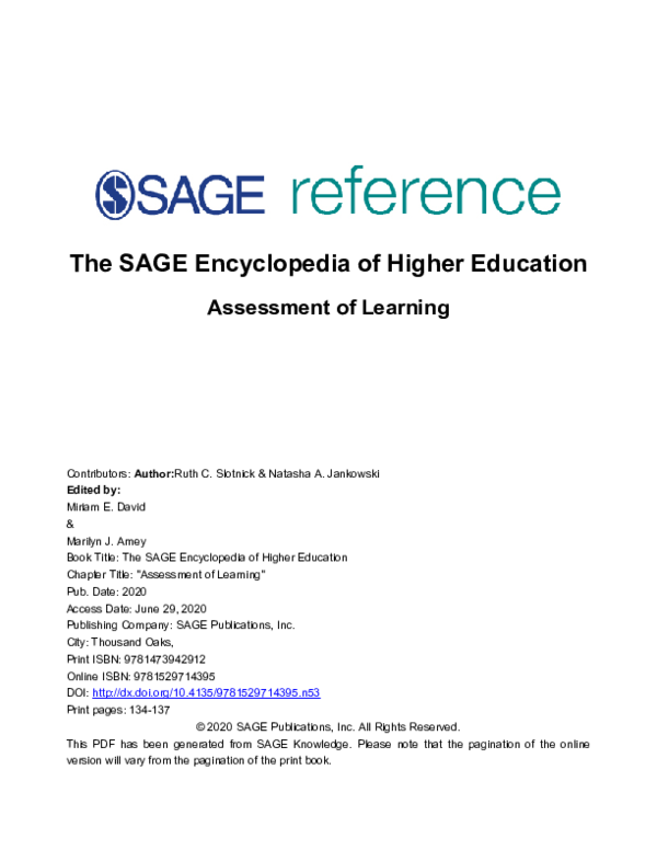 (PDF) The SAGE Encyclopedia of Higher Education Assessment of Learning ...