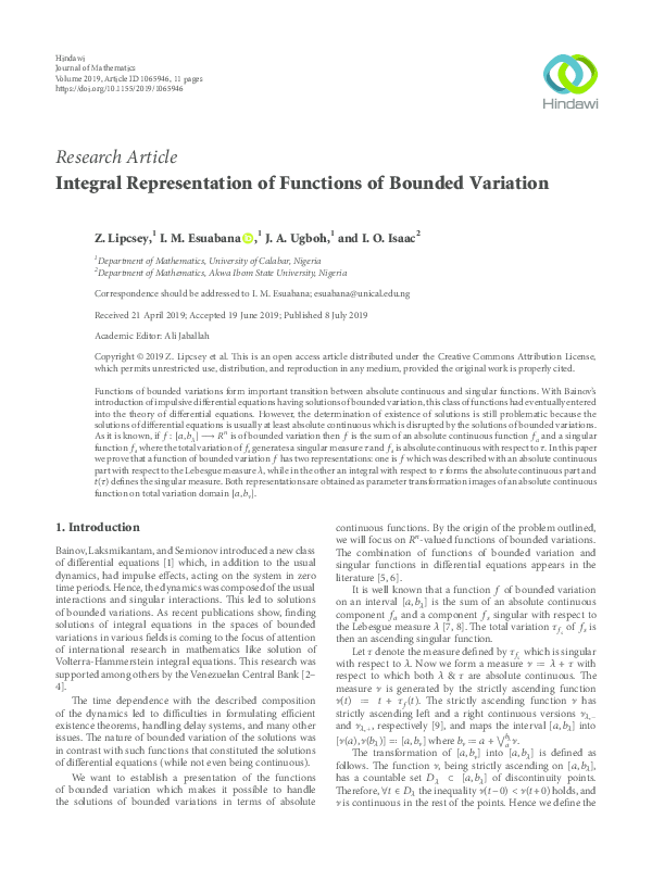 (PDF) Integral Representation of Functions of Bounded Variation