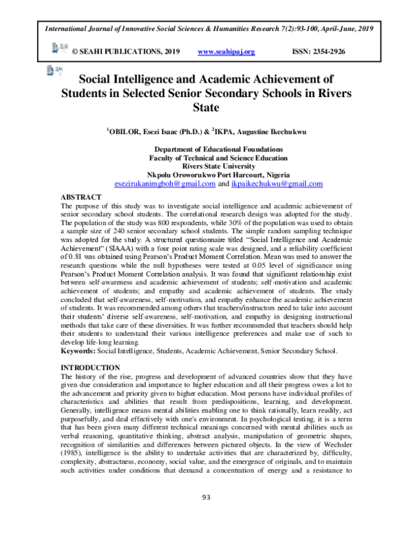 (PDF) Social Intelligence and Academic Achievement of Students in ...