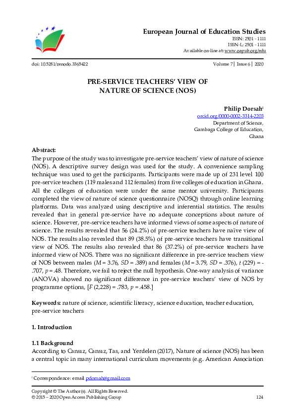 (PDF) Pre-Service Teachers’ View of Nature of Science (NOS)
