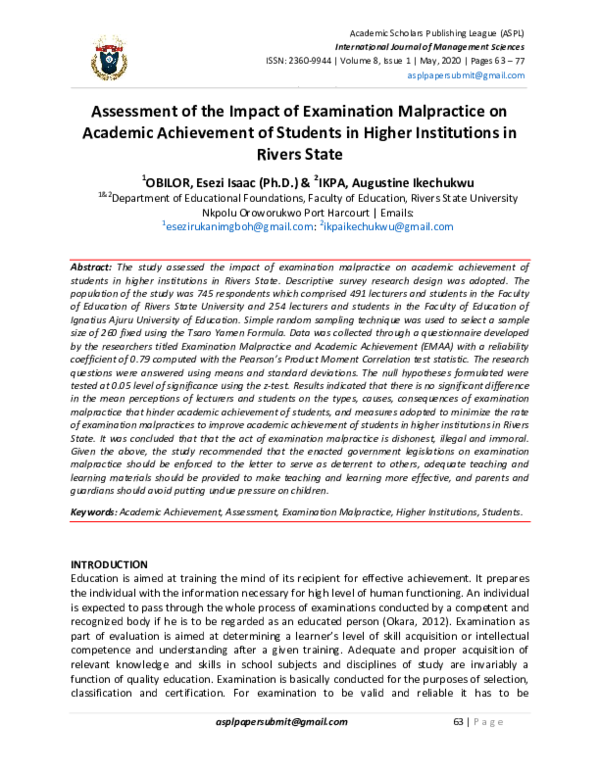 (PDF) Assessment of the Impact of Examination Malpractice on Academic ...