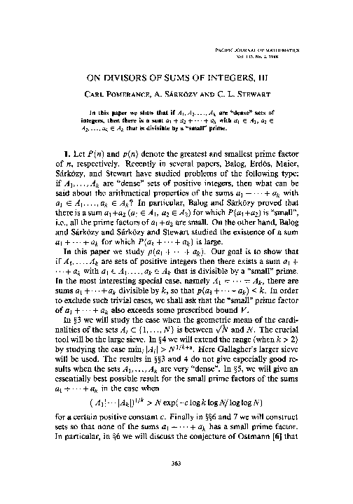 (PDF) On divisors of sums of integers. III | Carl Pomerance - Academia.edu