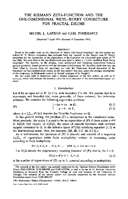 Pdf The Riemann Zeta Function And The One Dimensional Weyl Berry Conjecture For Fractal Drums