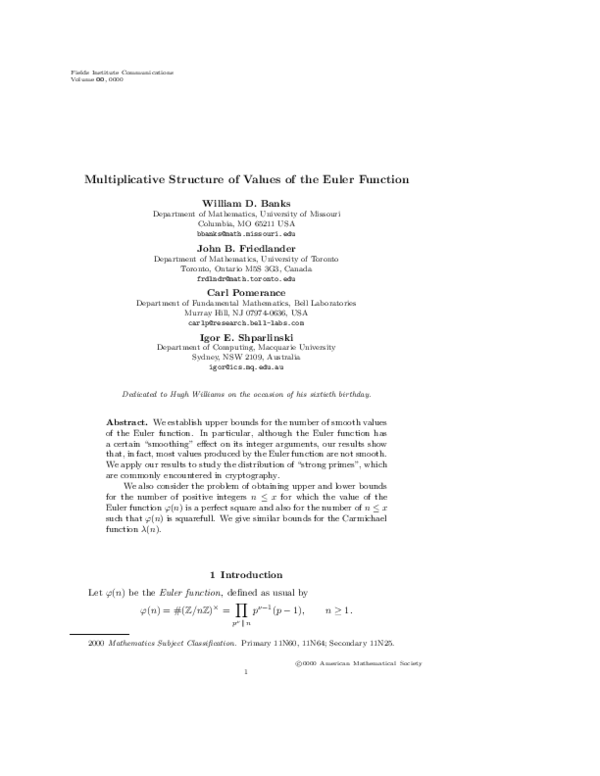 (PDF) Multiplicative structure of values of the Euler function