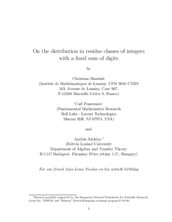 (PDF) On the Distribution in Residue Classes of Integers with a Fixed Sum of Digits