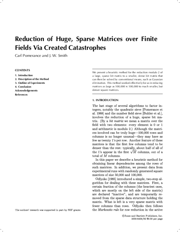 Pdf Reduction Of Huge Sparse Matrices Over Finite Fields Via Created
