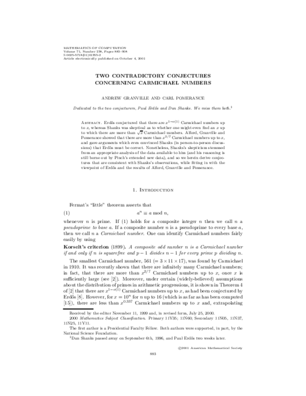 (PDF) Two contradictory conjectures concerning Carmichael numbers | Carl Pomerance - Academia.edu