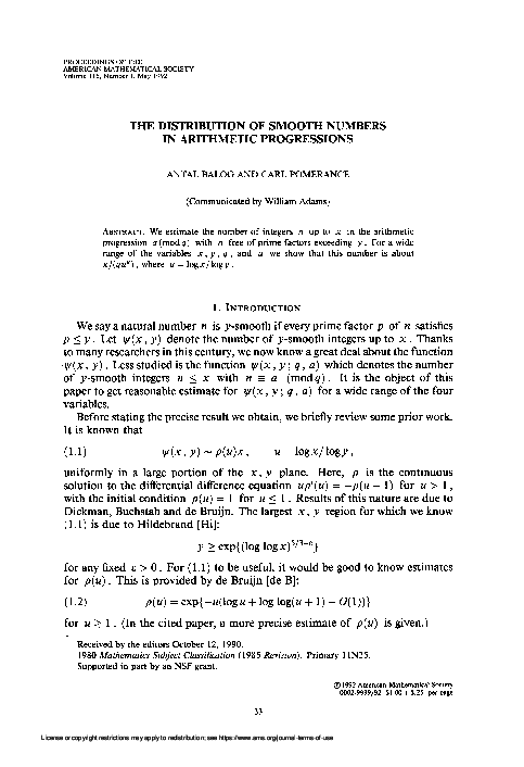 Pdf The Distribution Of Smooth Numbers In Arithmetic Progressions