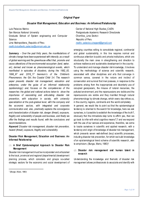 (PDF) Original Paper Disaster Risk Management, Education and Business ...