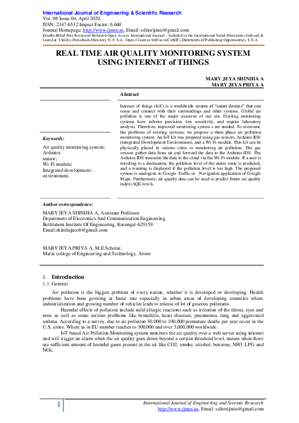 Pdf Real Time Air Quality Monitoring System Using Internet Of Things