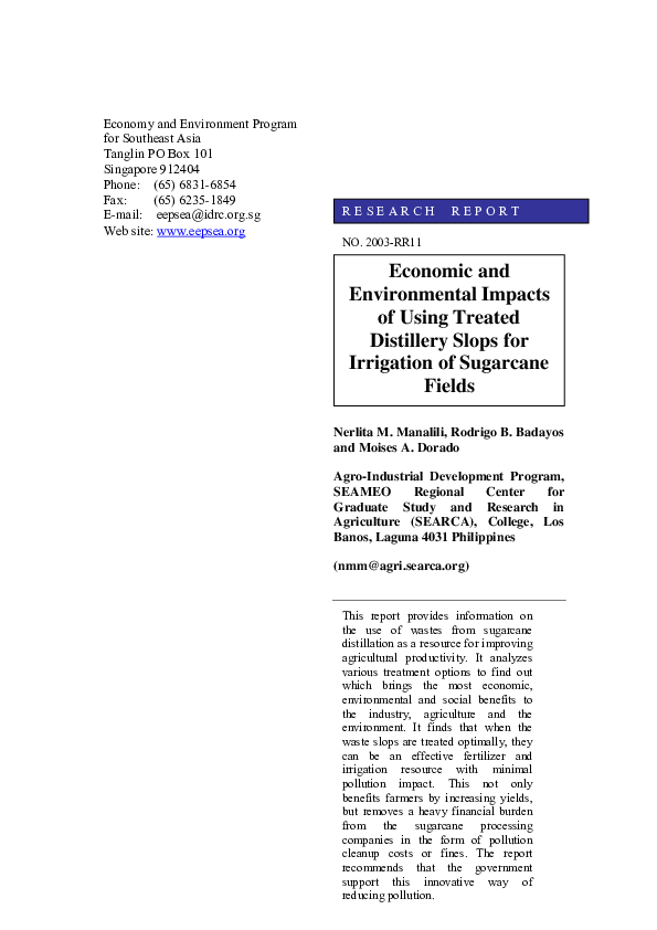 (PDF) Economic and Environmental Impacts of Using Treated Distillery ...