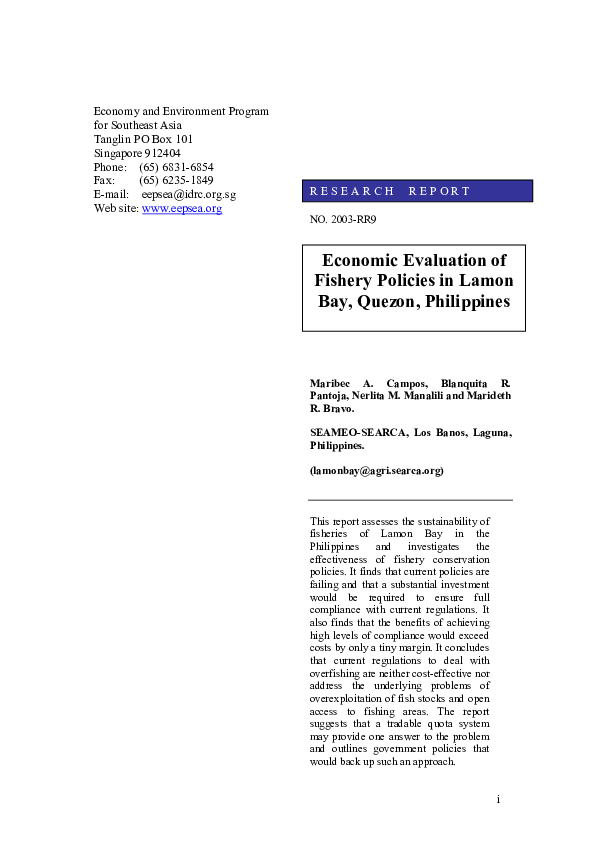 (PDF) Economic Evaluation of Fishery Policies in Lamon Bay, Quezon, Philippines