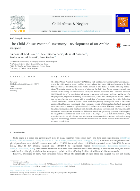 (PDF) The Child Abuse Potential Inventory: Development of an Arabic version