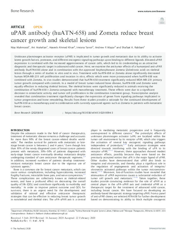 (PDF) uPAR antibody (huATN-658) and Zometa reduce breast cancer growth ...