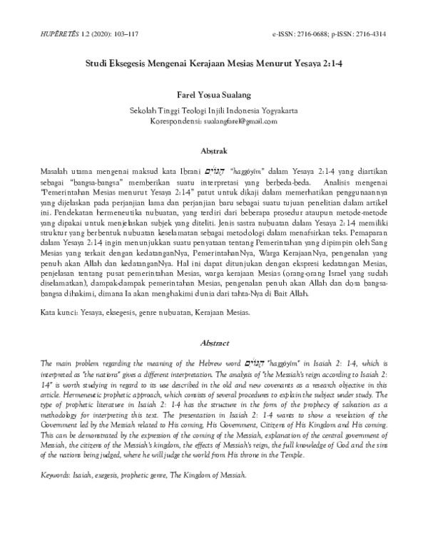 (PDF) Studi Eksegesis Mengenai Kerajaan Mesias Menurut Yesaya 2:1-4