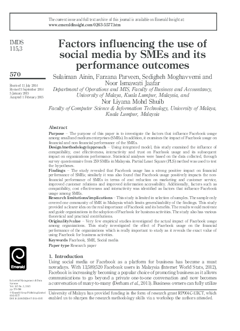(PDF) Factors influencing the use of social media by SMEs and its ...