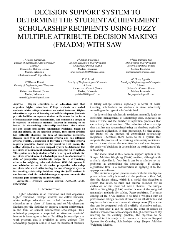(PDF) DECISION SUPPORT SYSTEM TO DETERMINE THE STUDENT ACHIEVEMENT SCHOLARSHIP RECIPIENTS USING ...