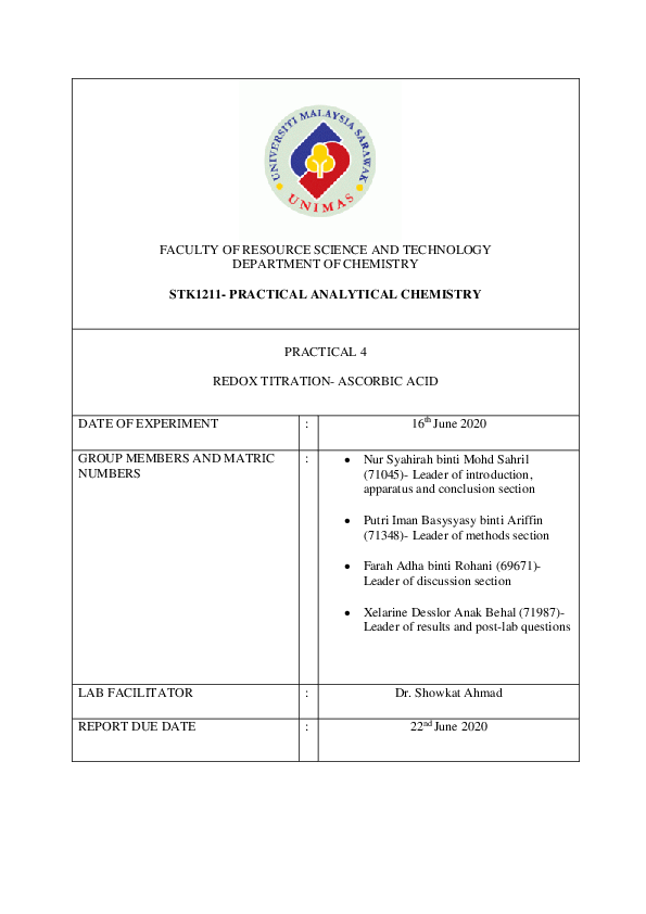 (PDF) Practical 4 - redox titration