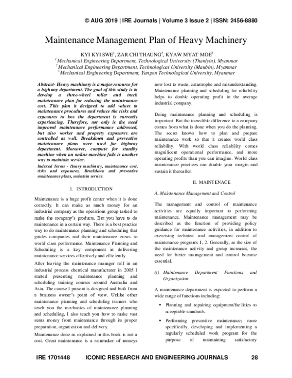 PDF Maintenance Management Plan Of Heavy Machinery IRE Journals pdf-maintenance-management-plan-of-heavy-machinery-ire-journals