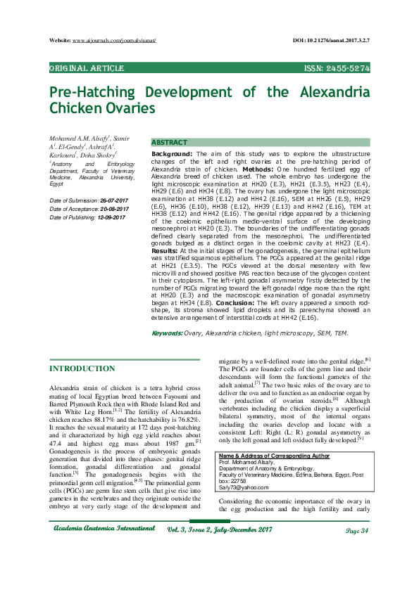 (PDF) Pre-Hatching Development of the Alexandria Chicken Ovaries