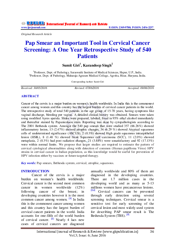 (PDF) Pap Smear an Important Tool in Cervical Cancer Screening: A One ...