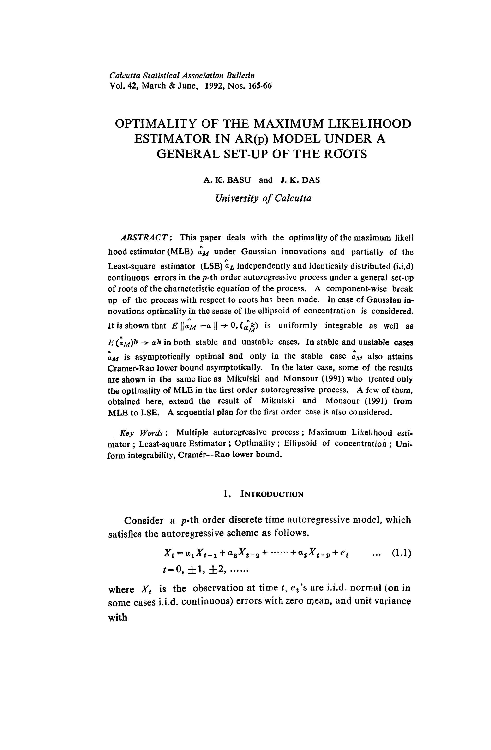 Pdf Optimality Of The Maximum Likelihood Estimator In Arp Model