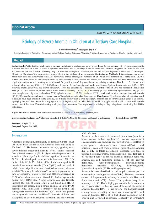 (PDF) Etiology of Severe Anemia in Children at a Tertiary Care Hospital