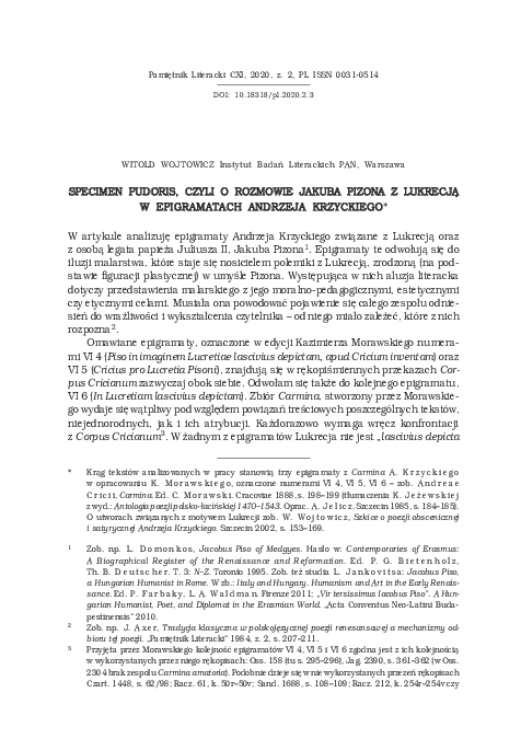 (PDF) Witold Wojtowicz, Specimen pudoris, czyli o rozmowie Jakuba ...