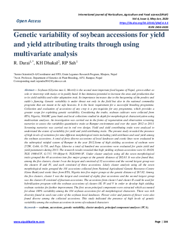 Pdf Genetic Variability Of Soybean Accessions For Yield And Yield Attributing Traits Through