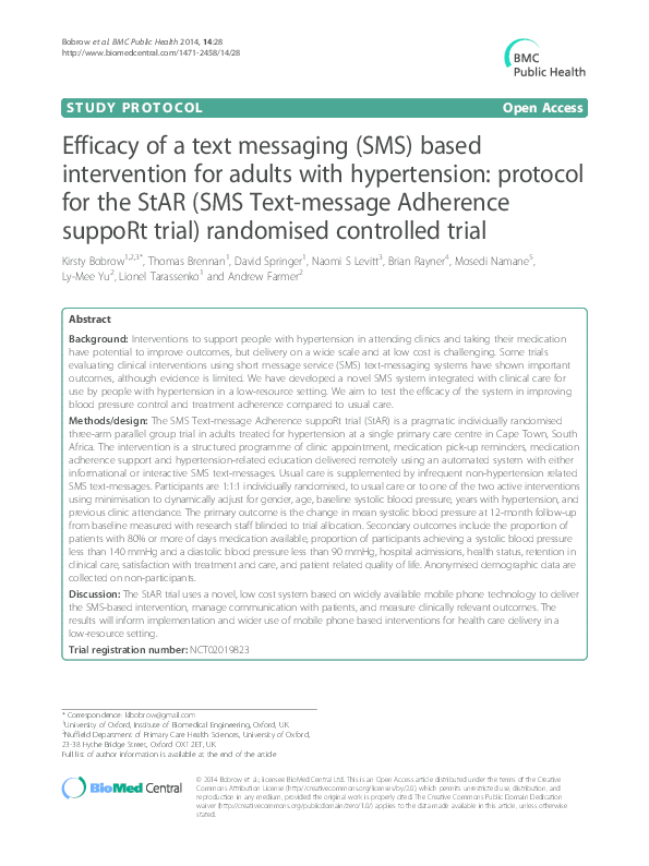 (PDF) Efficacy of a text messaging (SMS) based intervention for adults ...