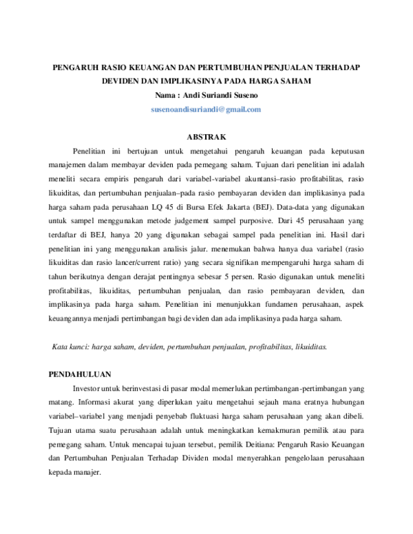 (PDF) PENGARUH RASIO KEUANGAN DAN PERTUMBUHAN PENJUALAN TERHADAP DEVIDEN DAN IMPLIKASINYA PADA ...