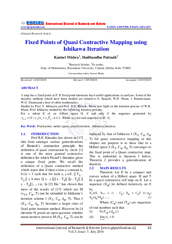 (PDF) Fixed Points of Quasi Contractive Mapping using Ishikawa Iteration